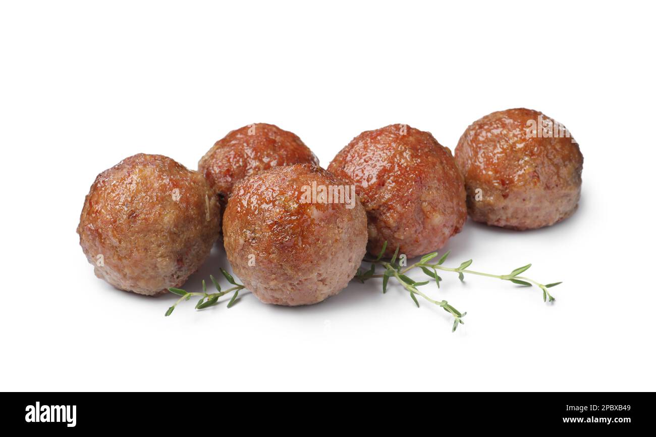 Many tasty cooked meatballs on white background Stock Photo - Alamy