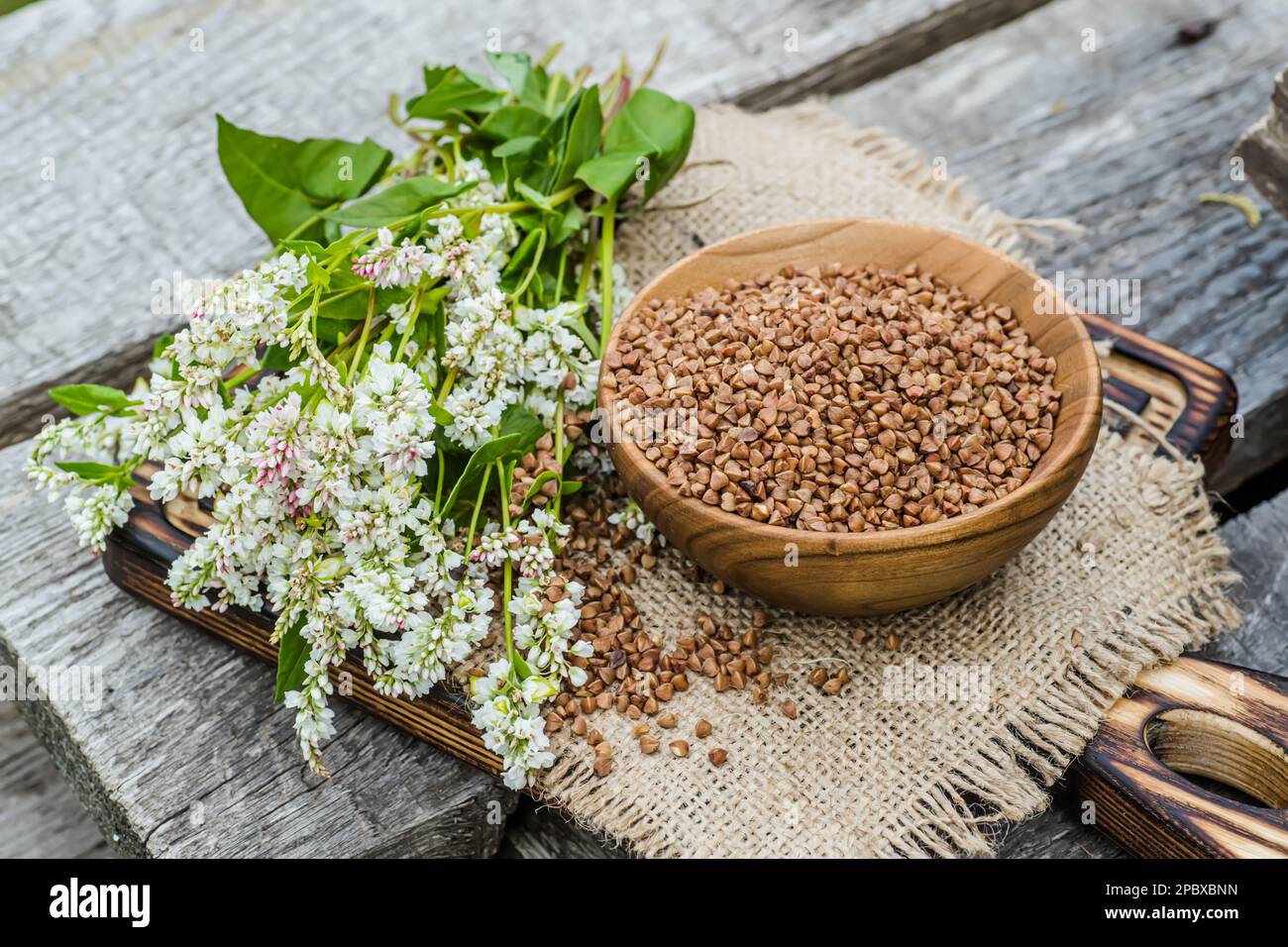 Dry uncooked buckwheat in wooden plate. Food for raw food and vegans ...