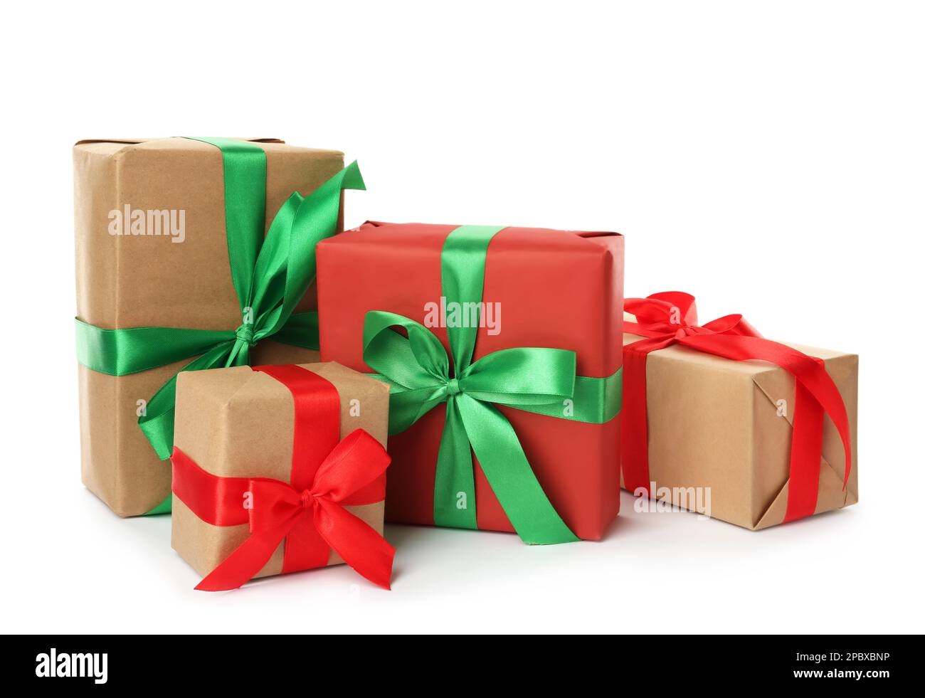 Different beautifully wrapped gift boxes on white background Stock ...
