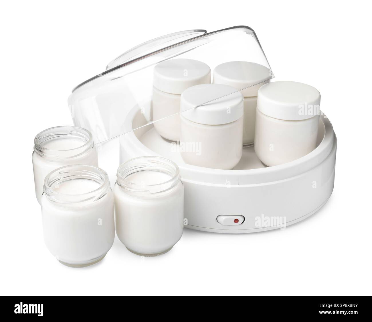 Modern yogurt maker with full jars on white background Stock Photo - Alamy