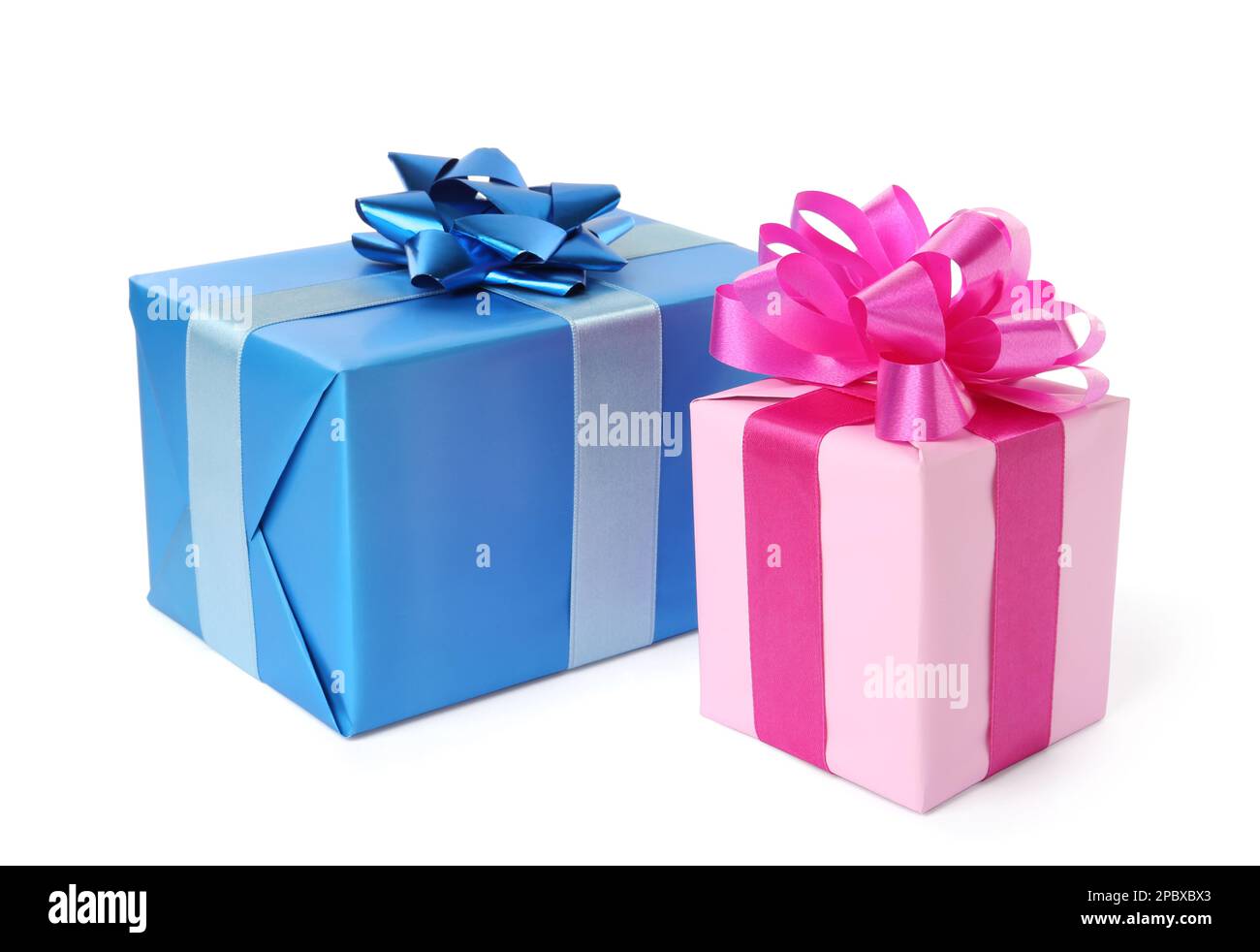 Pink and light blue gift boxes with bows on white background Stock ...