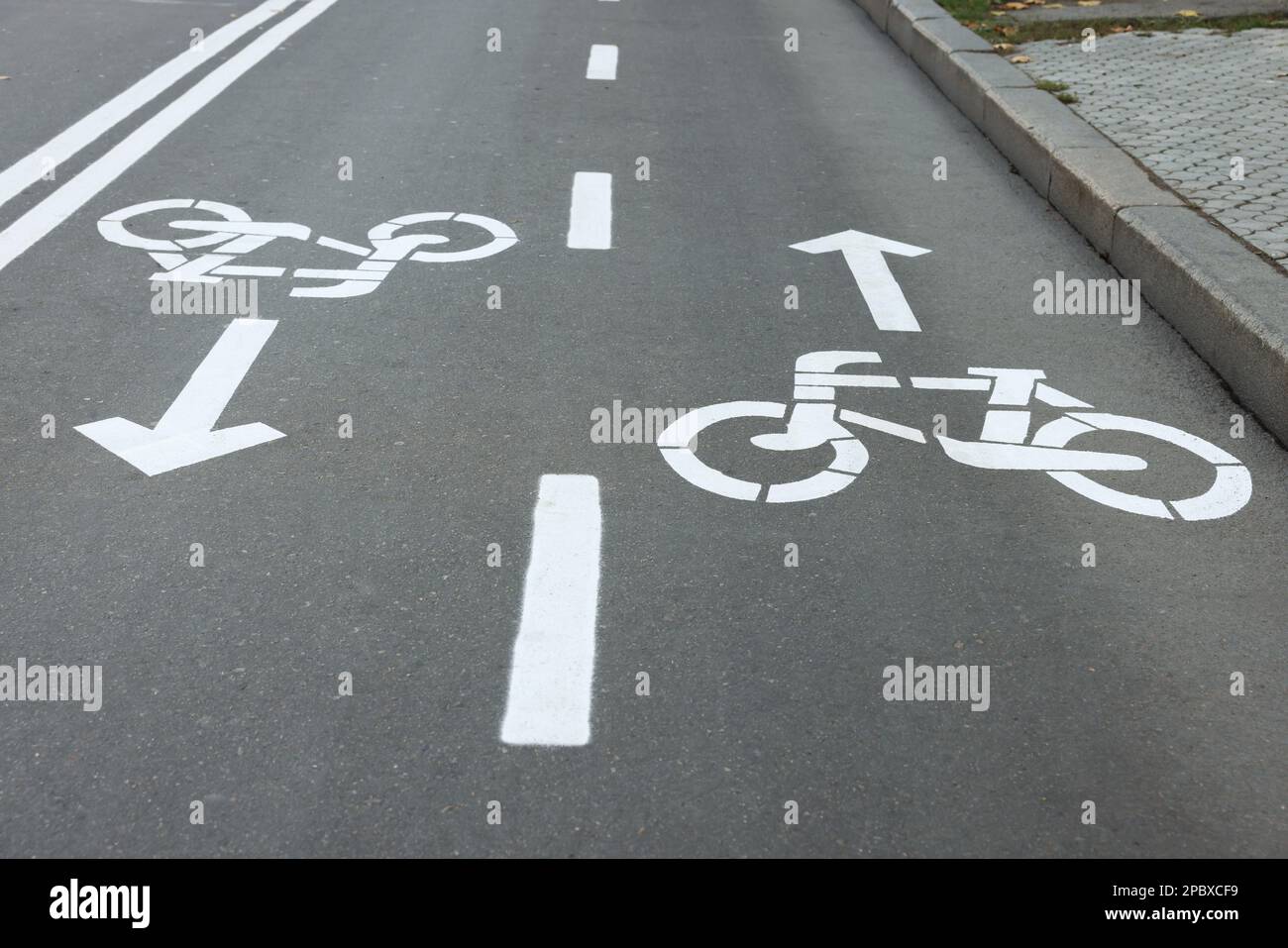 Two way bicycle lane with white signs on asphalt Stock Photo - Alamy