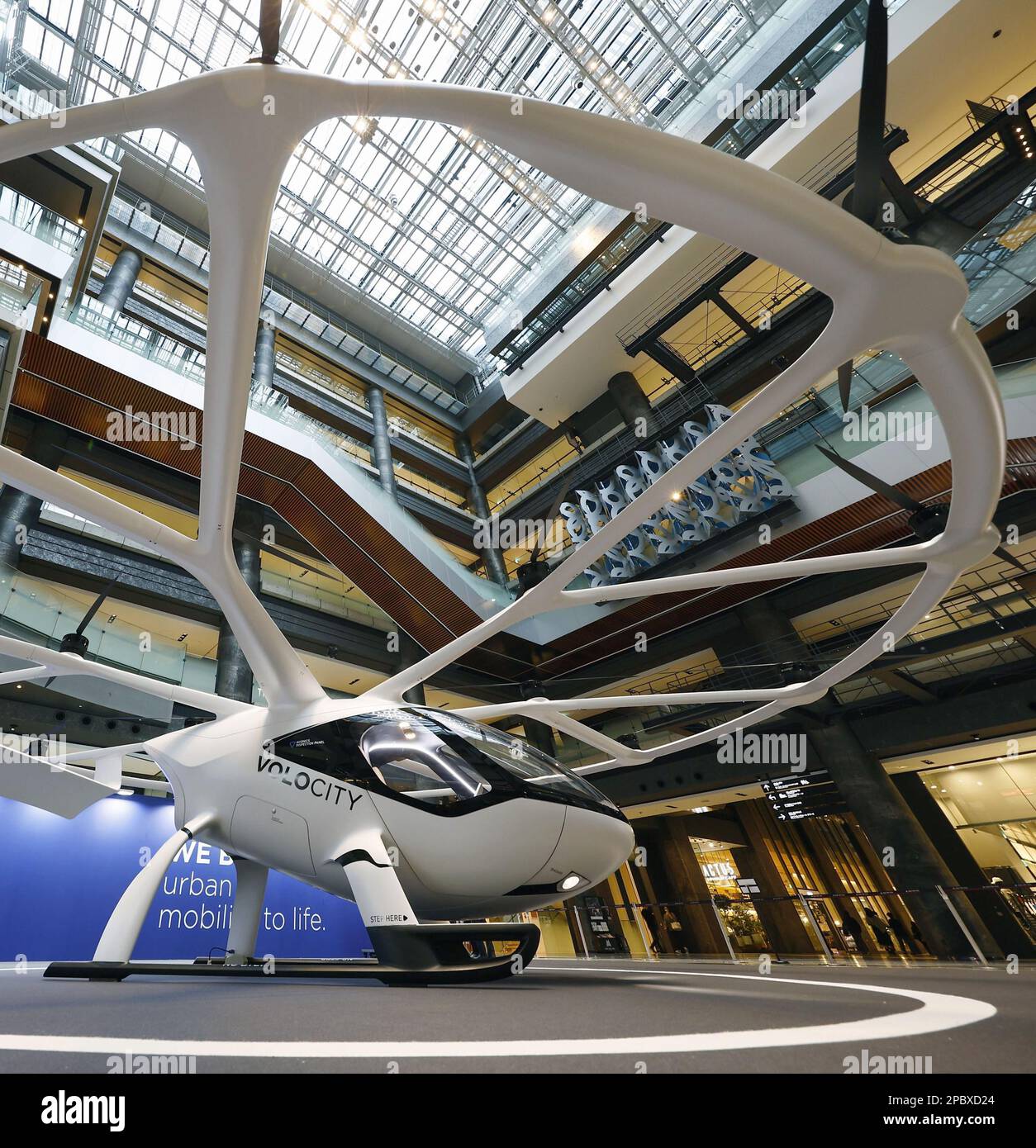 A full-size model of the VoloCity air taxi is shown to the public at ...