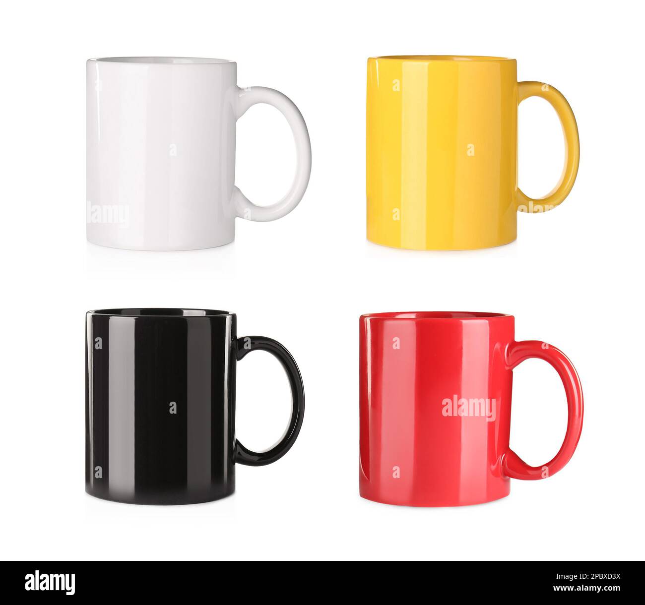 Set with different ceramic mugs on white background Stock Photo - Alamy