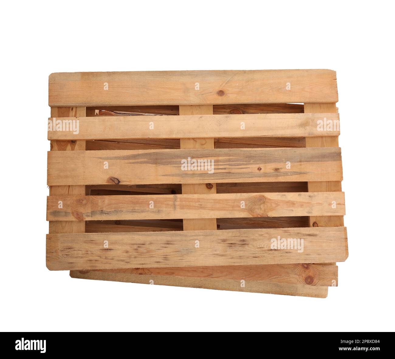 Stacked wooden pallets isolated on white, top view. Transportation and ...