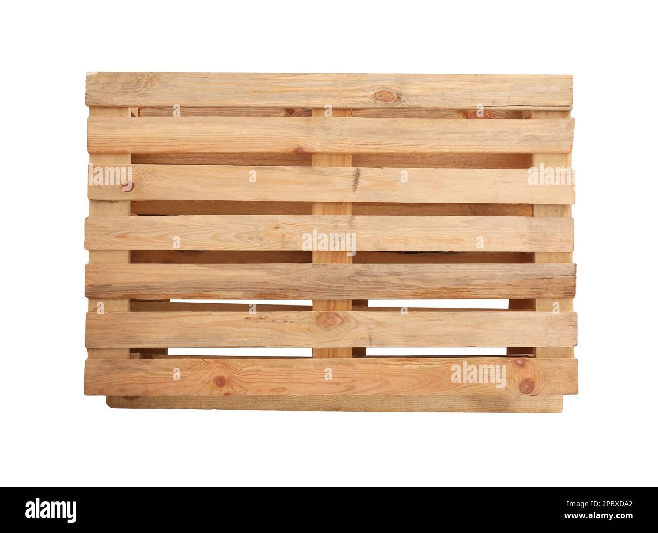 Stacked wooden pallets isolated on white, top view. Transportation and ...