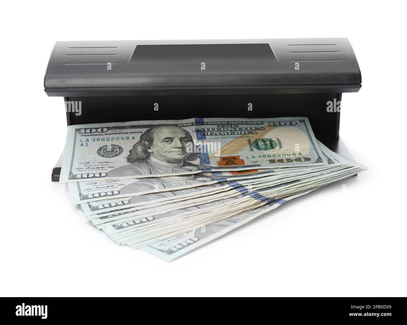 Modern currency detector with dollar banknotes isolated on white. Money ...