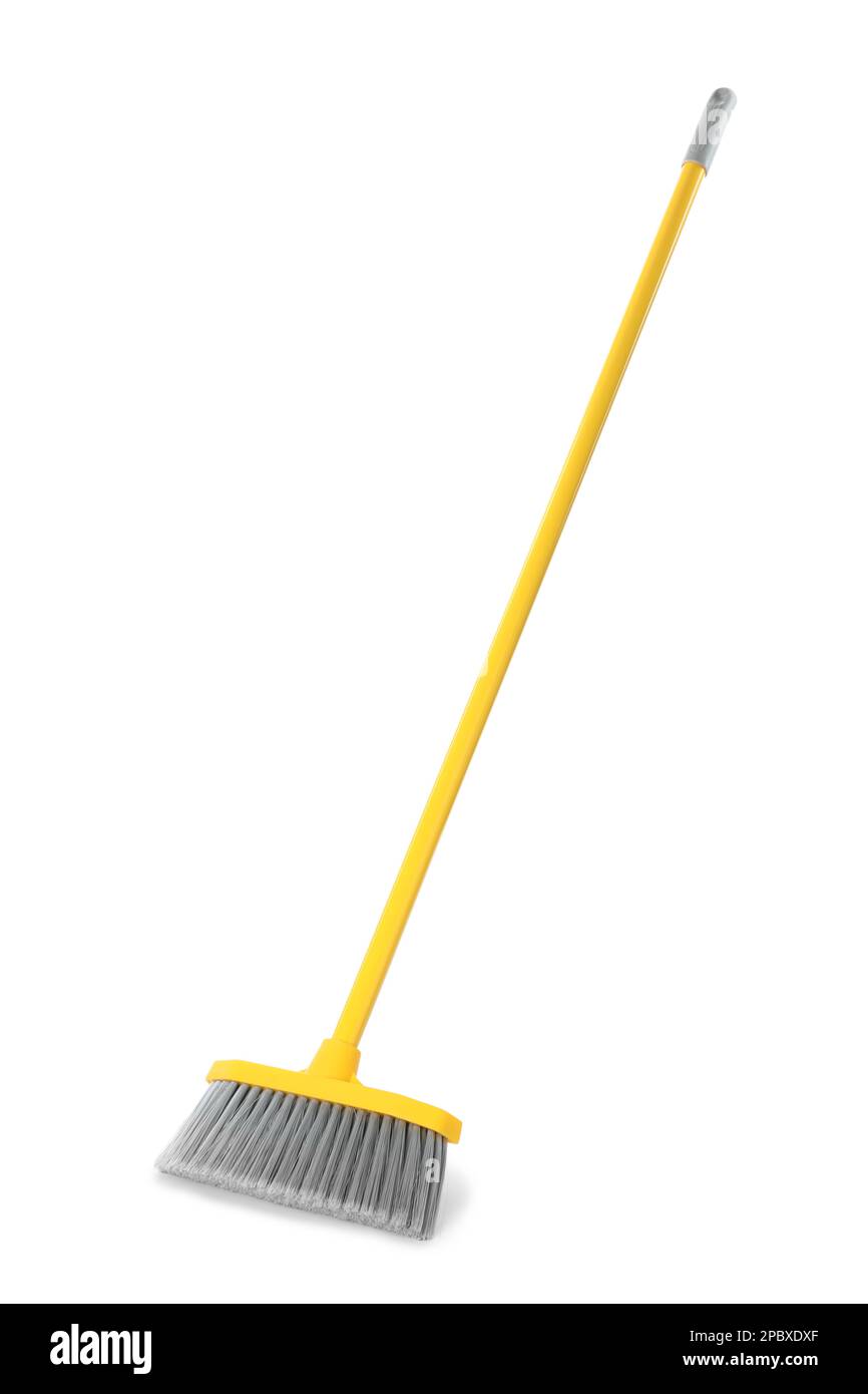 Plastic broom isolated on white. Cleaning tool Stock Photo - Alamy