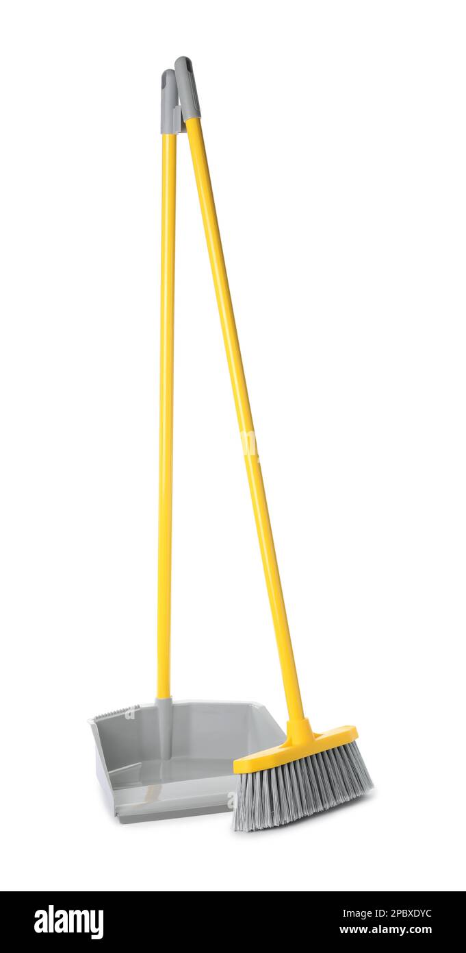 Plastic broom and dustpan on white background Stock Photo - Alamy
