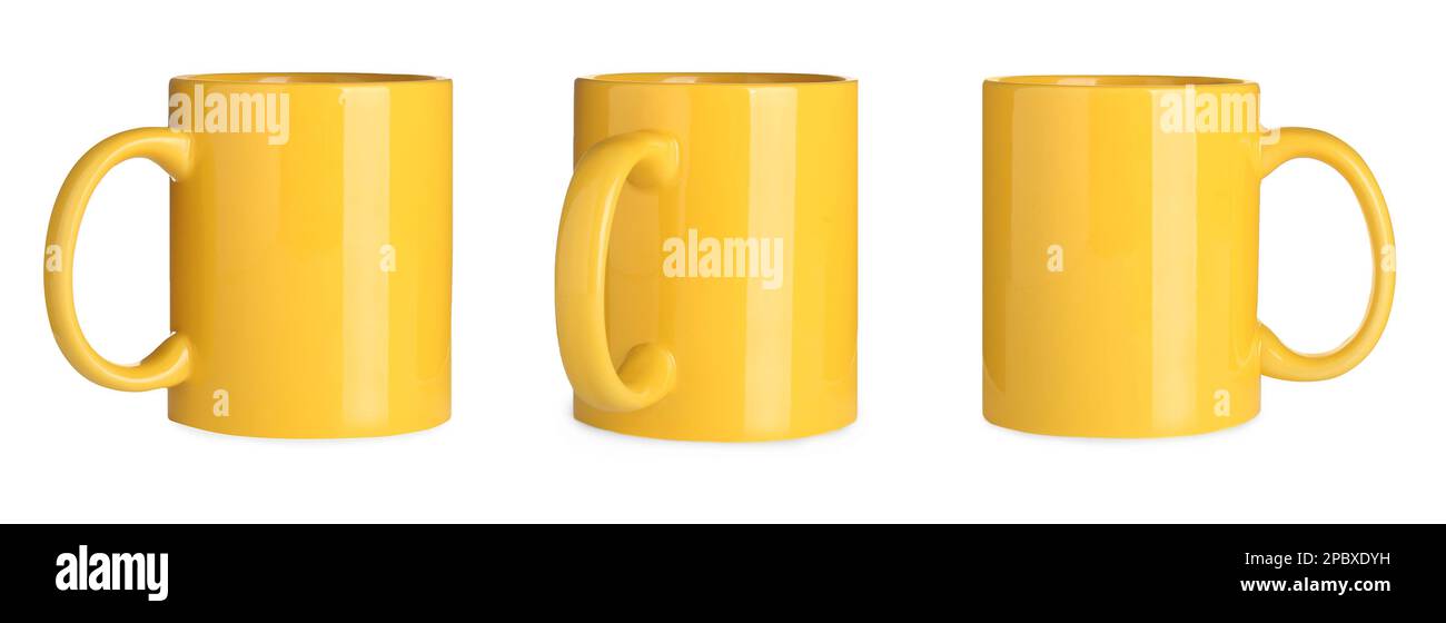 Set with yellow ceramic mugs on white background. Banner design Stock ...