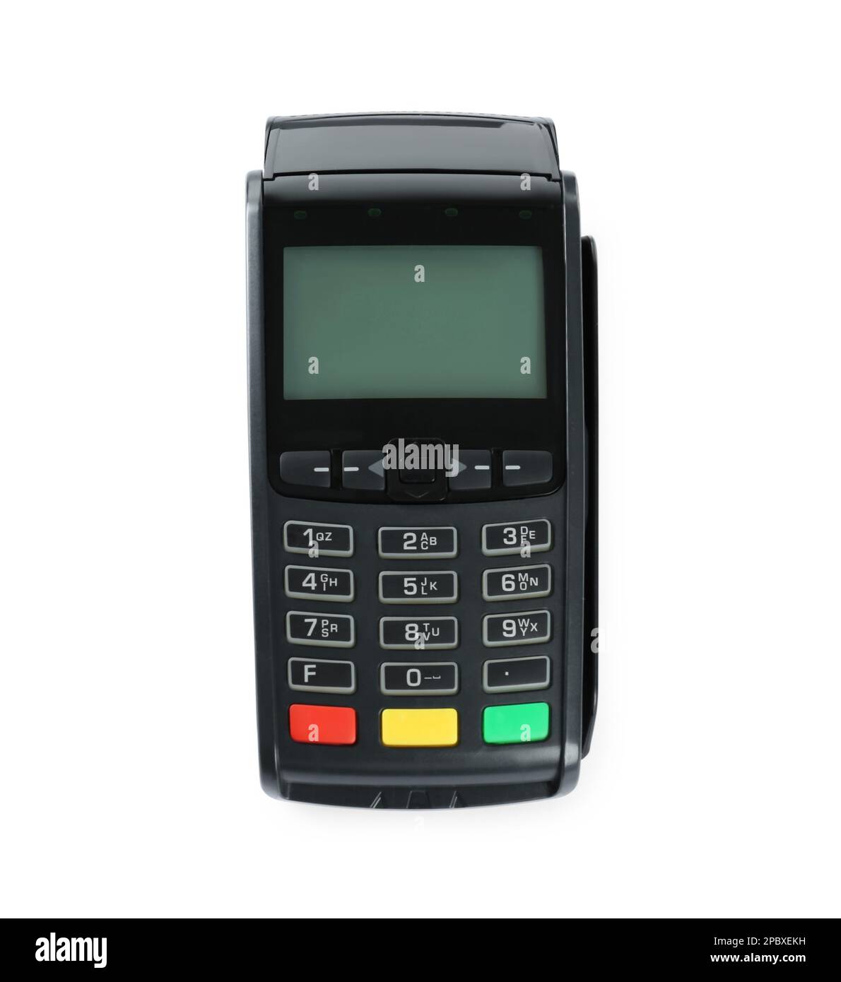 New modern payment terminal isolated on white, top view Stock Photo - Alamy