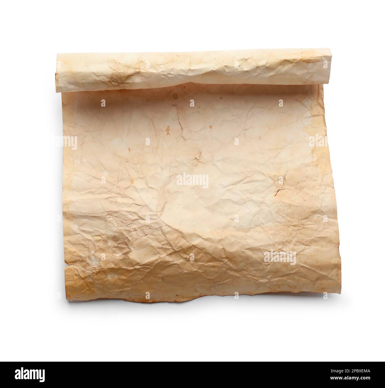 Sheet of old parchment paper isolated on white, top view. Space for ...