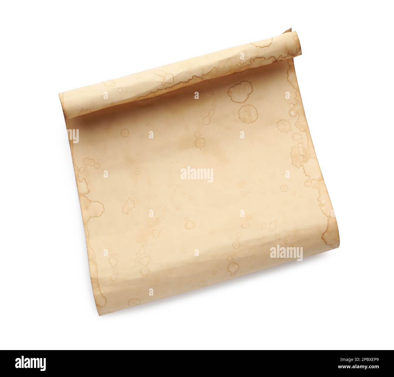 Sheet of old parchment paper isolated on white, top view. Space for ...