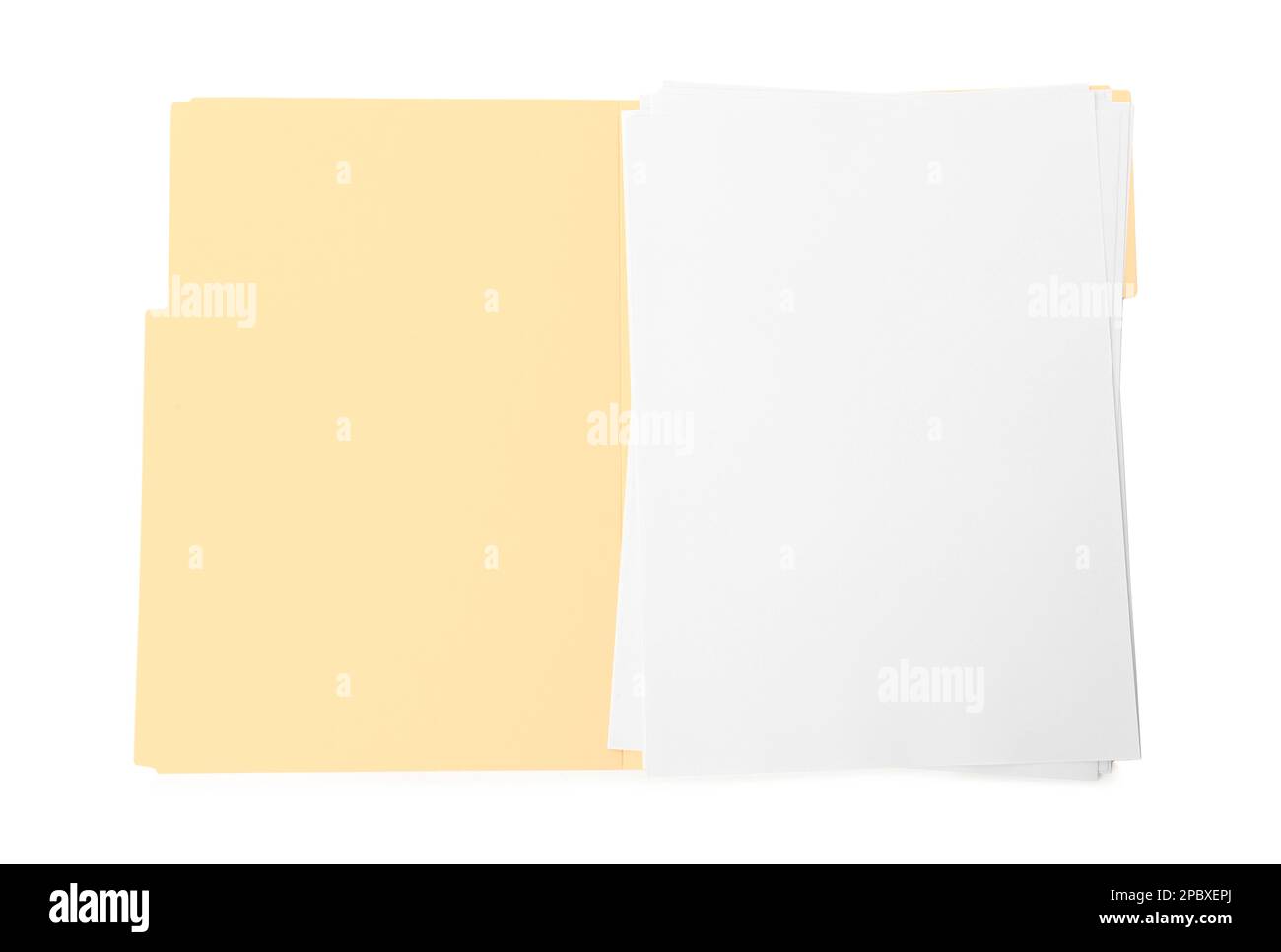 Yellow file with blank sheets of paper isolated on white, top view ...