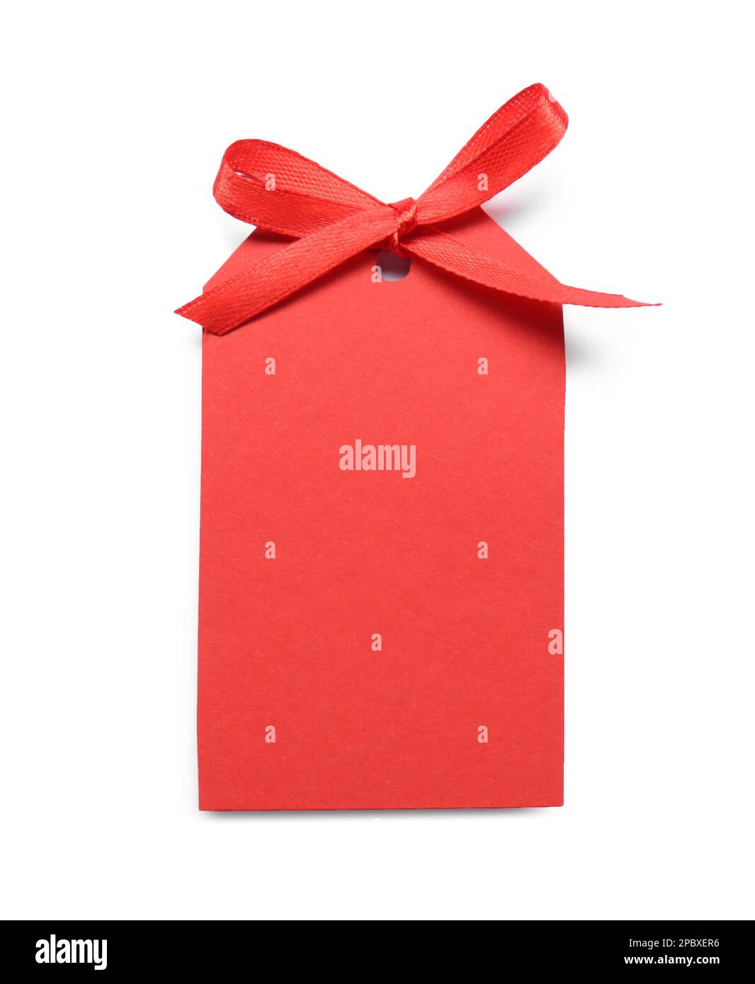 Blank red gift tag with satin ribbon on white background, top view ...