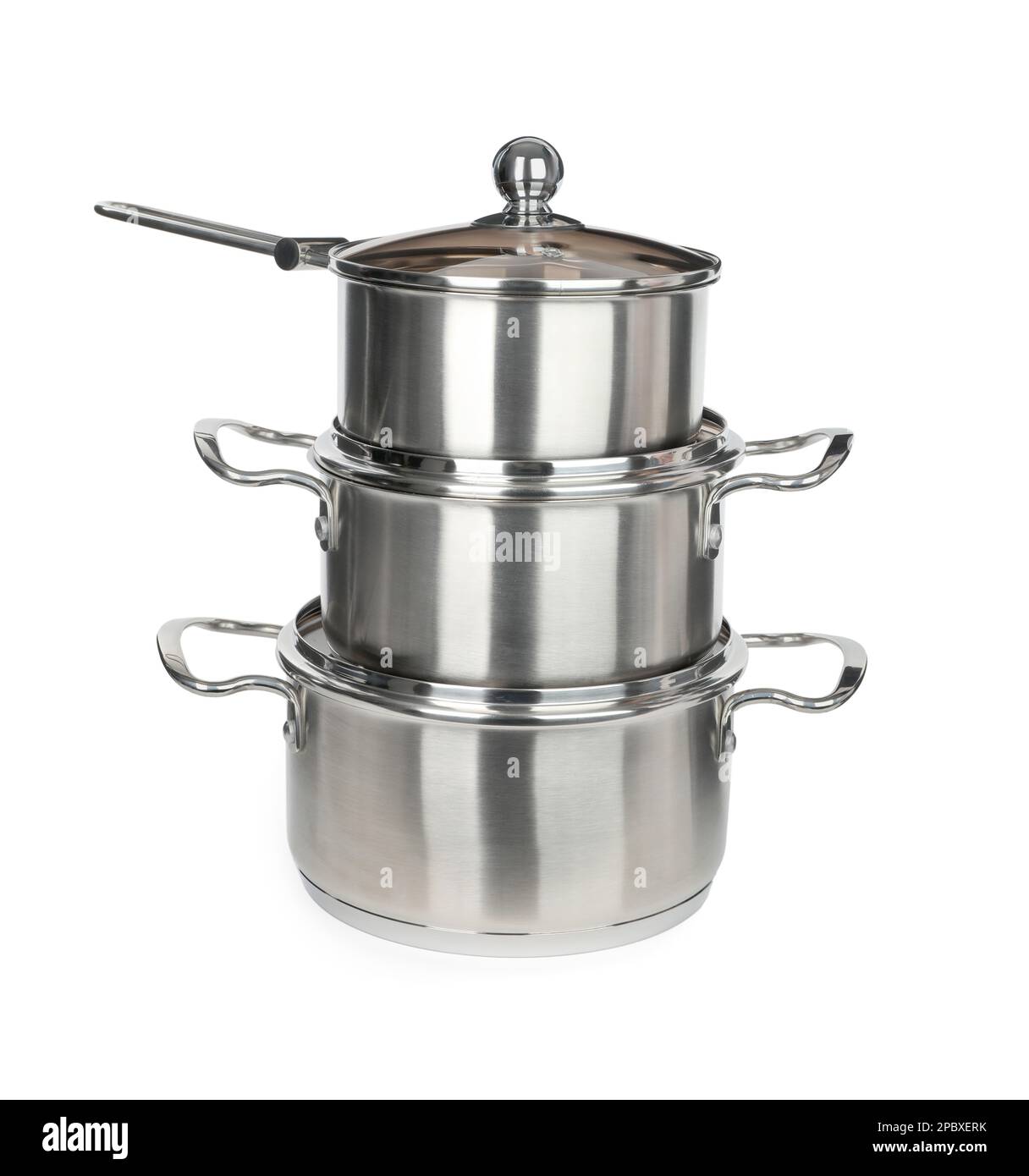 Stainless steel cookware set on white background Stock Photo - Alamy