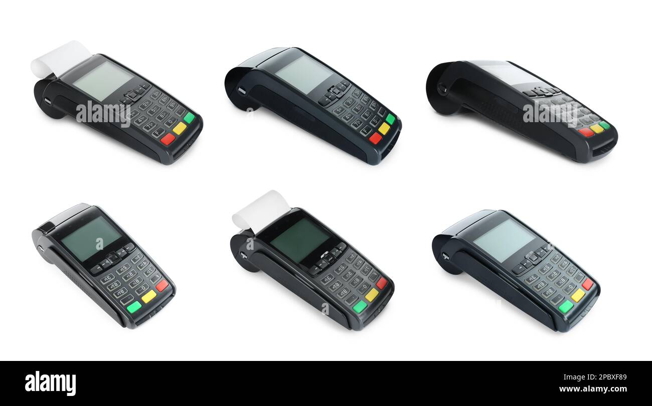 Set with modern payment terminals on white background Stock Photo - Alamy