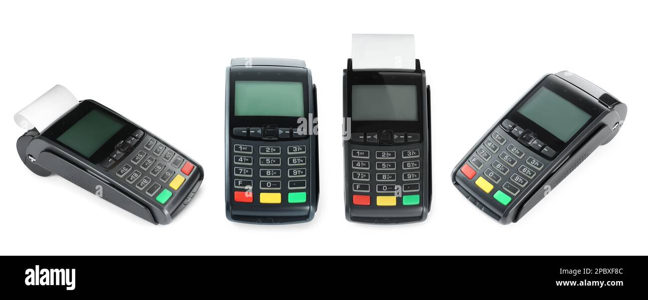 Set with modern payment terminals on white background. Banner design ...
