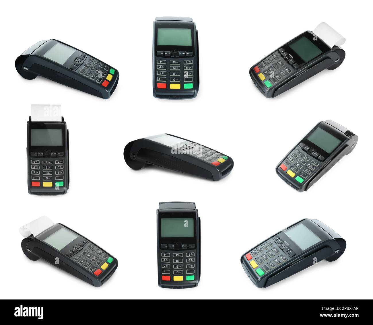 Set with modern payment terminals on white background Stock Photo - Alamy