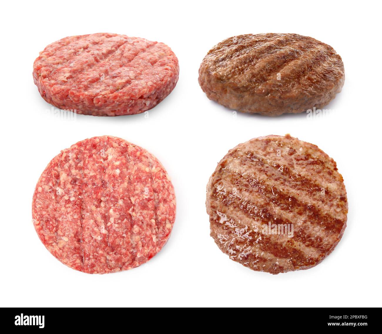 Raw and grilled hamburger patties on white background, collage Stock ...