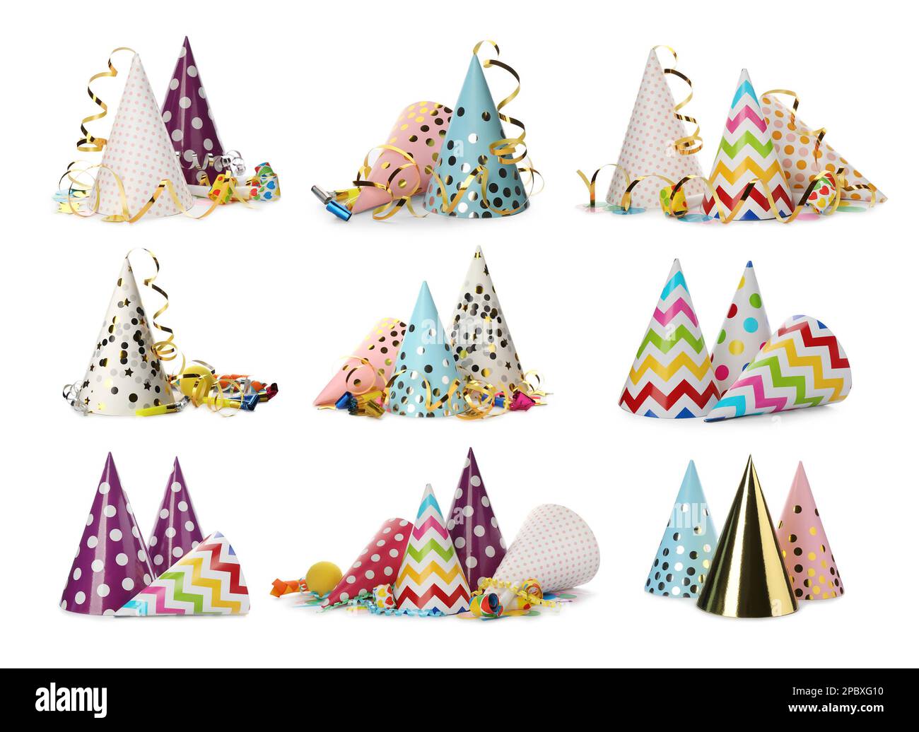 Set with different party hats on white background Stock Photo - Alamy