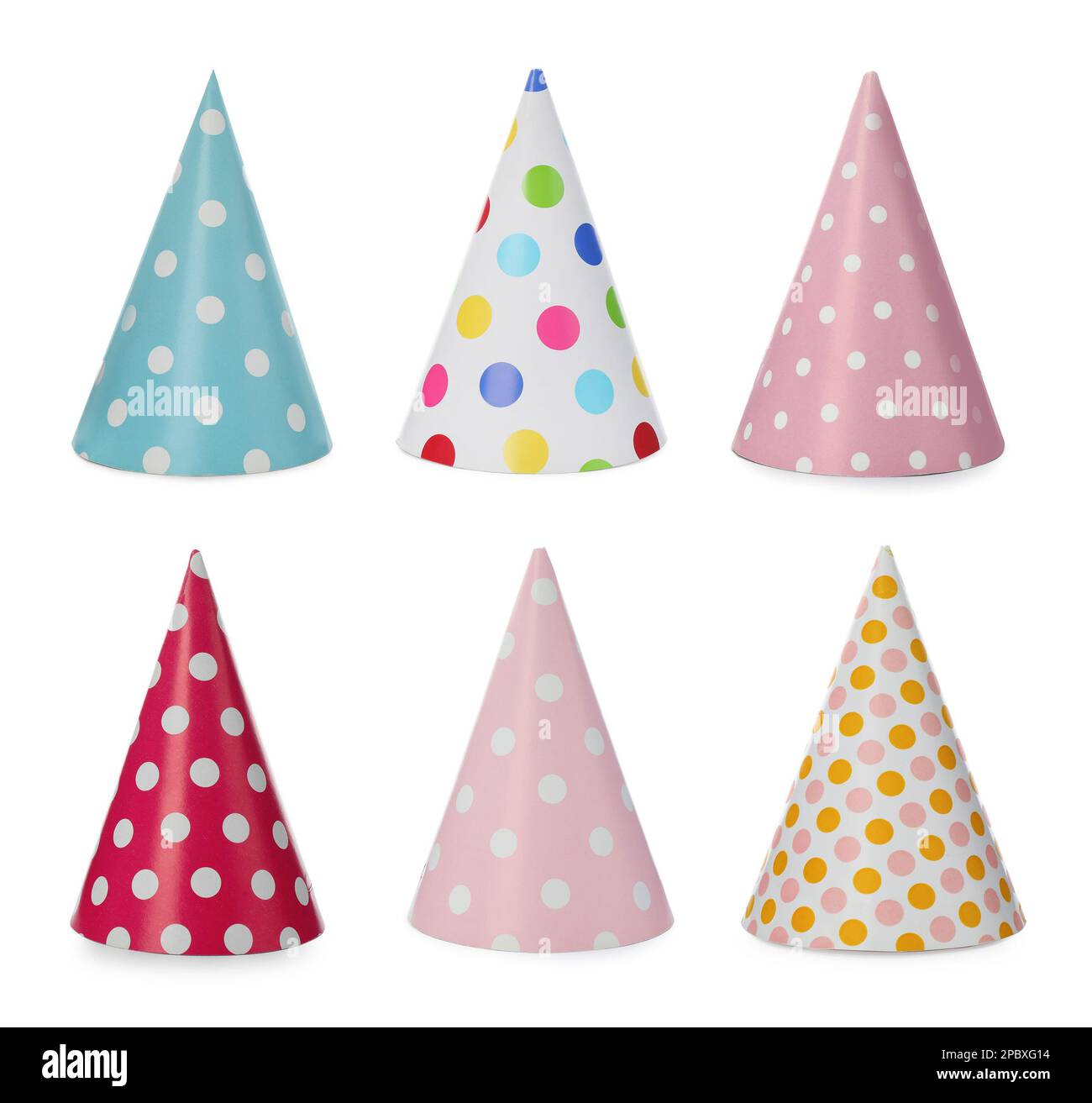 Set with different party hats on white background Stock Photo - Alamy
