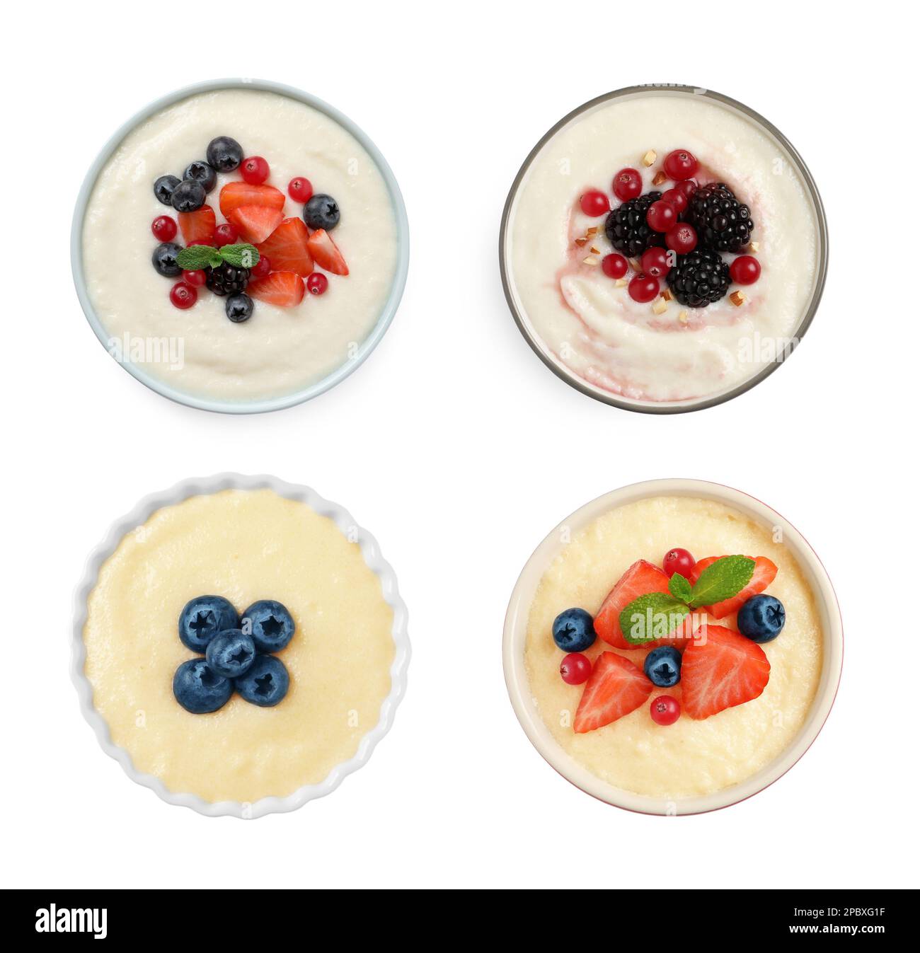 Set with delicious semolina puddings on white background, top view ...