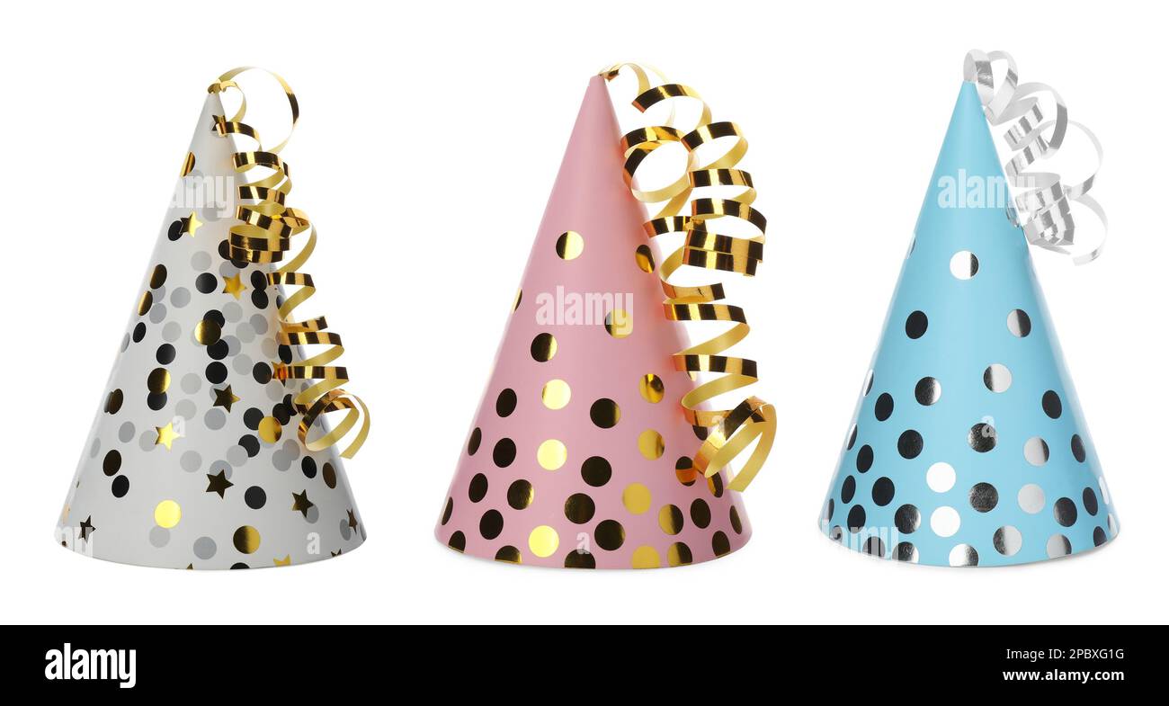 Set with different party hats on white background. Banner design Stock ...