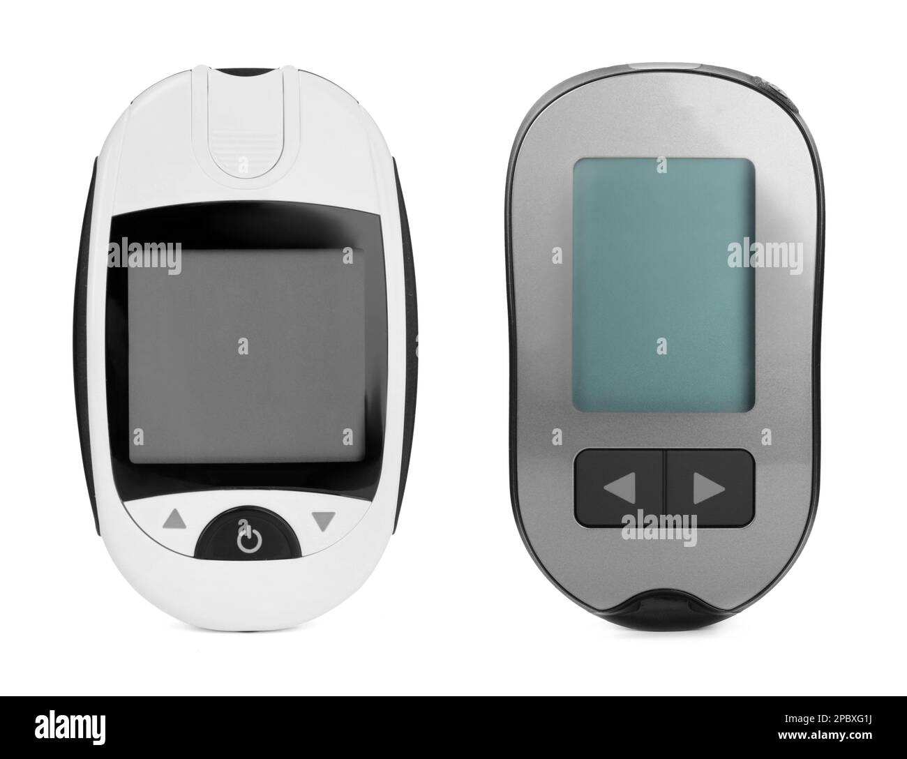 Digital glucometers on white background, collage. Diabetes control ...