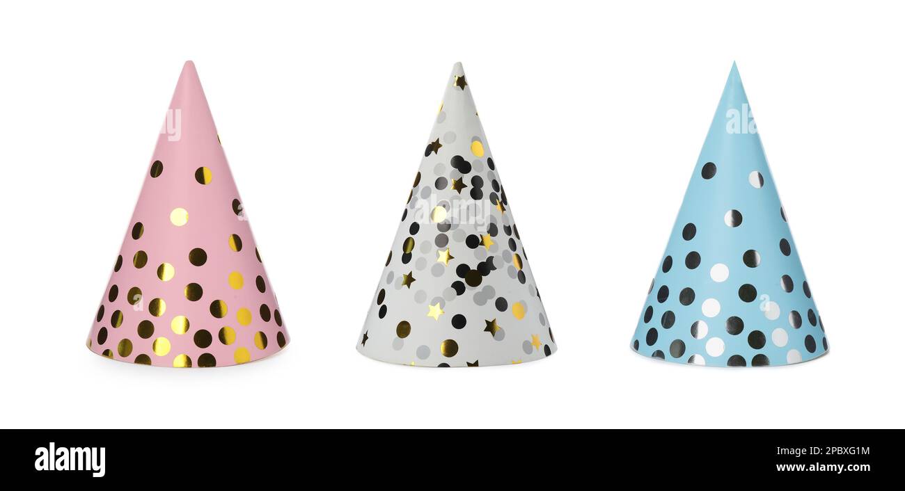 Set with different party hats on white background. Banner design Stock ...