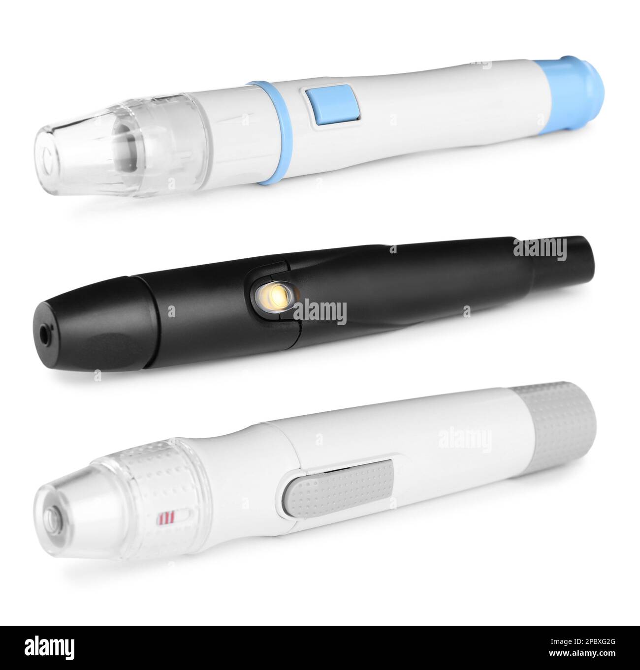 Lancet pens on white background, collage. Diabetes control Stock Photo ...