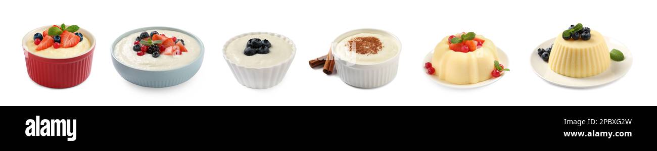 Set with delicious semolina puddings on white background. Banner design ...