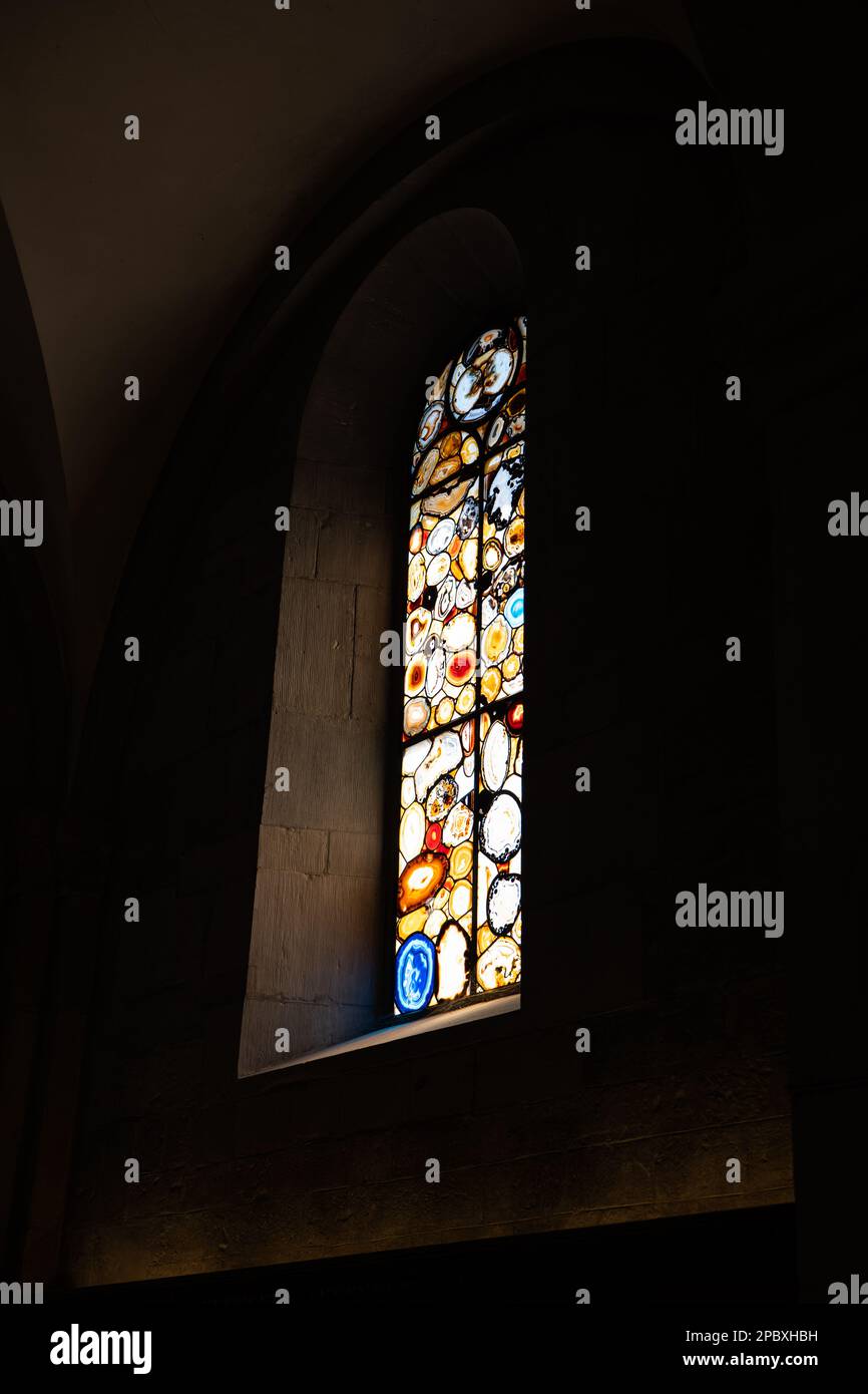 Christian art, stained glass window inside Grossmunster or Grossmünster ...
