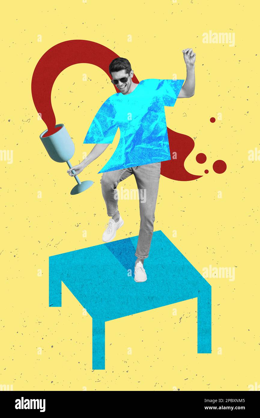 Vertical collage picture of black white colors guy dancing table arm ...