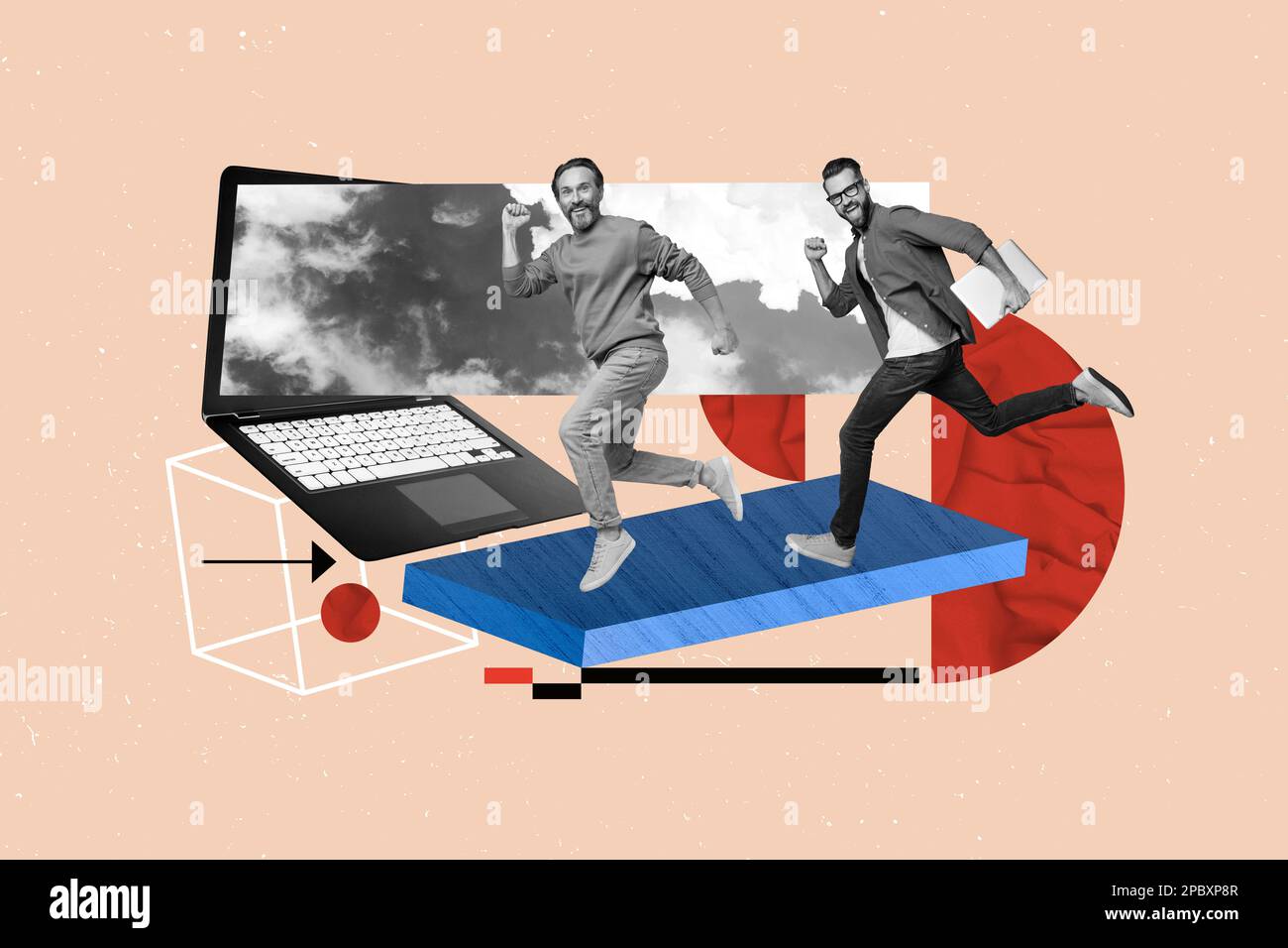 Artwork collage picture of two mini black white gamma people running ...