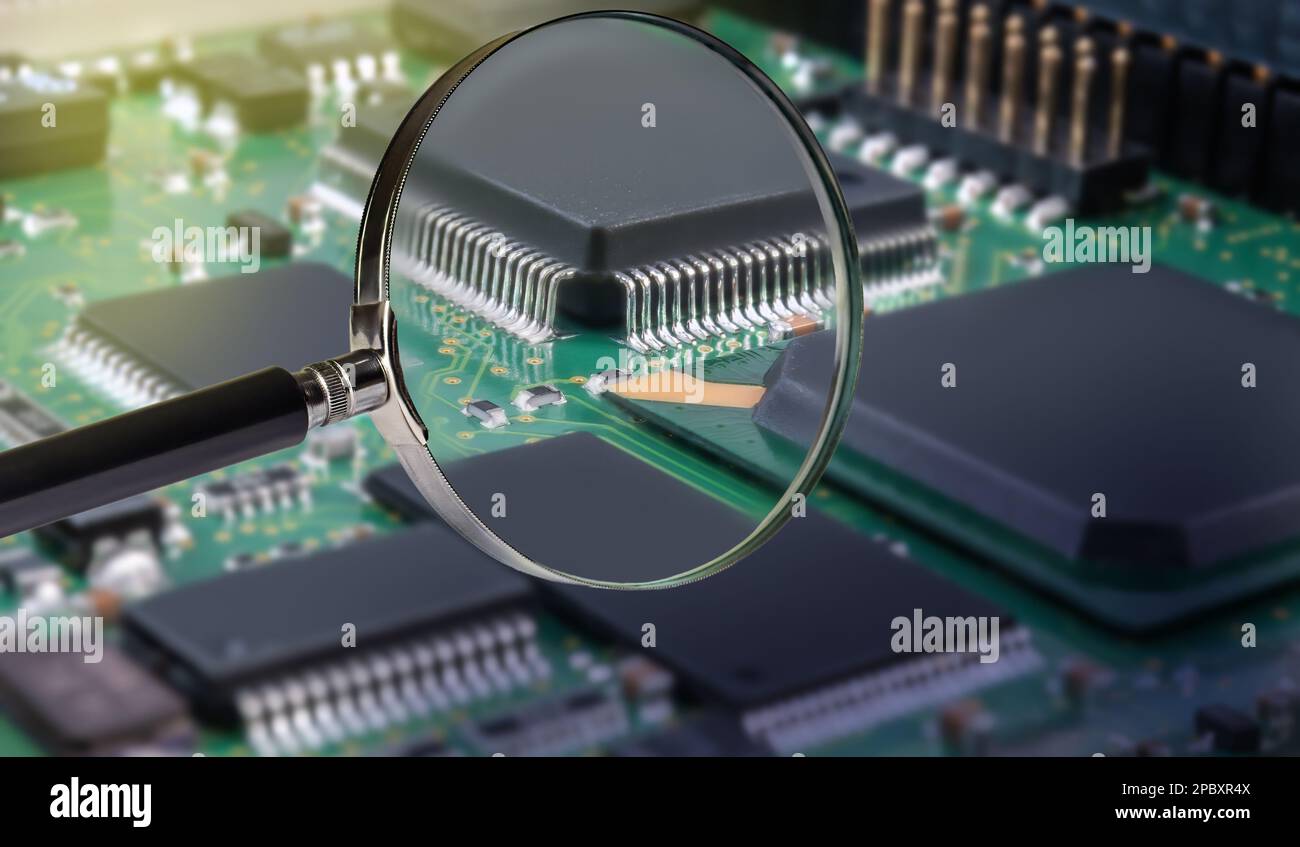 view of printed circuit board with active and passive surface mounted ...