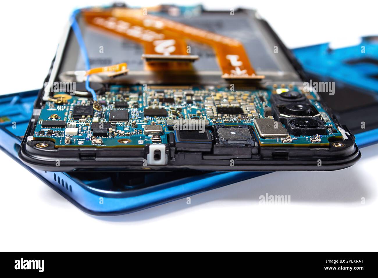 main case and back cover of disassembled blue smartphone isolated on ...