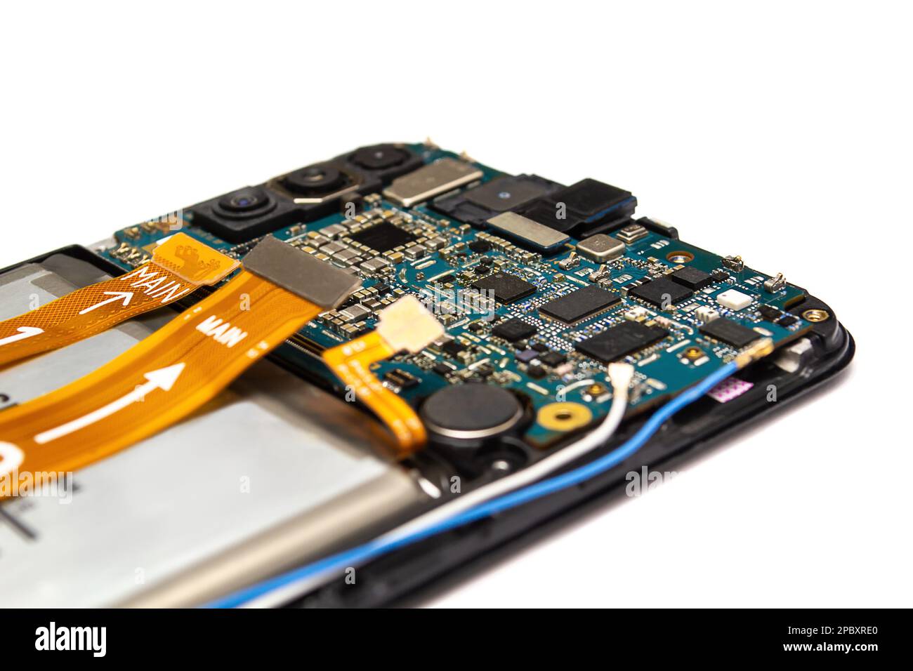 main case and back cover of disassembled blue smartphone isolated on ...