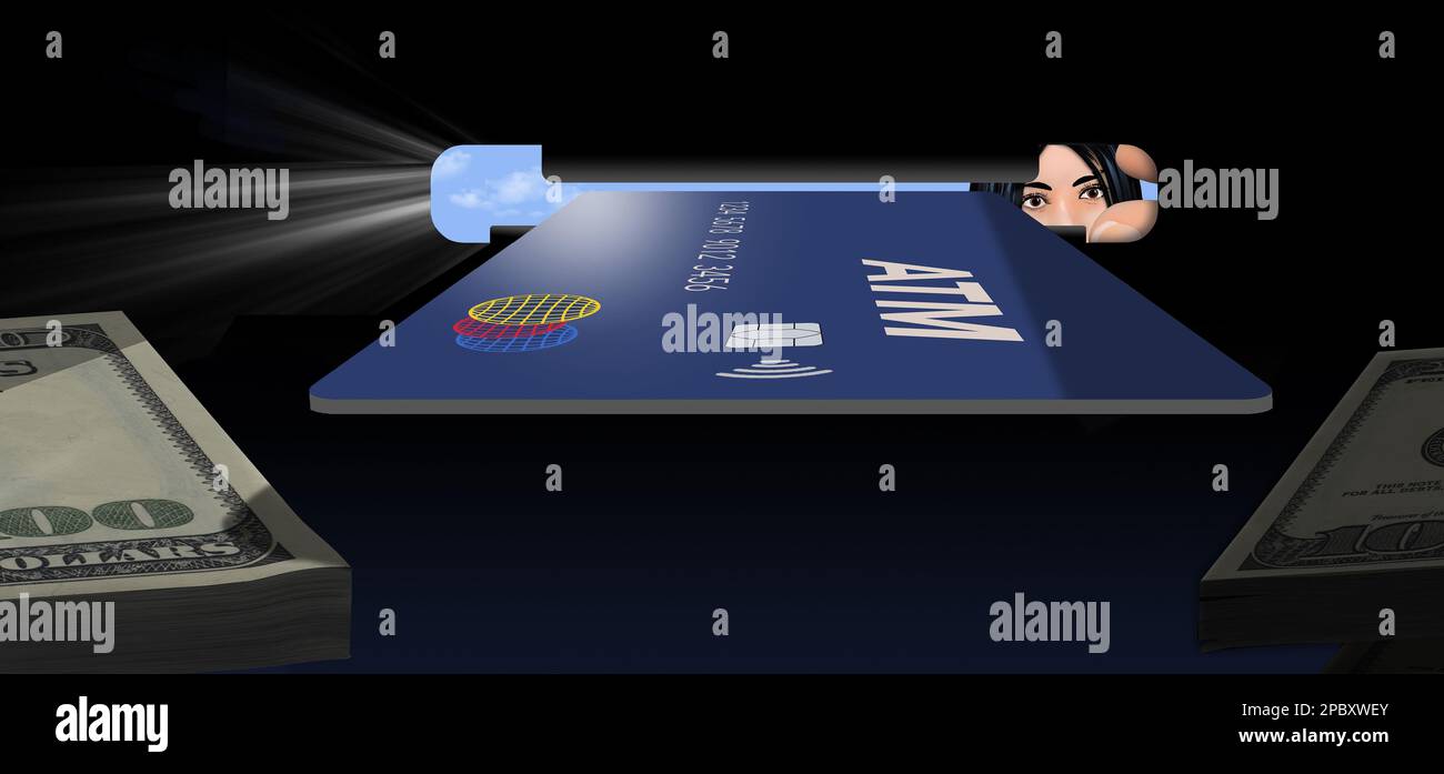 An ATM debit card is seen from the inside of the ATM looking out at the ...