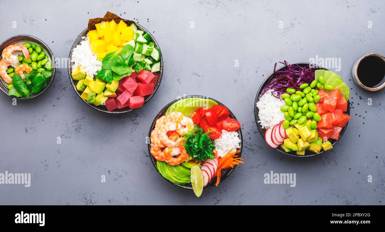 Poke bowl set with tuna, salmon, shrimp with avocado, mango, radish ...