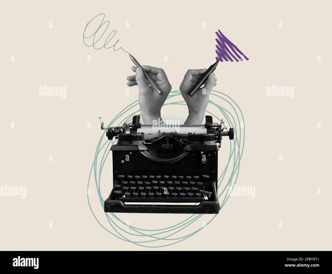 Art collage with old typewriter and hands with pen. Storytelling ...