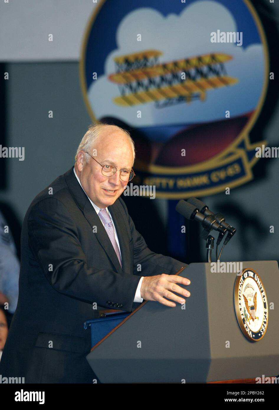 U.S. Vice President Dick Cheney addresses U.S. forces in Japan aboard ...