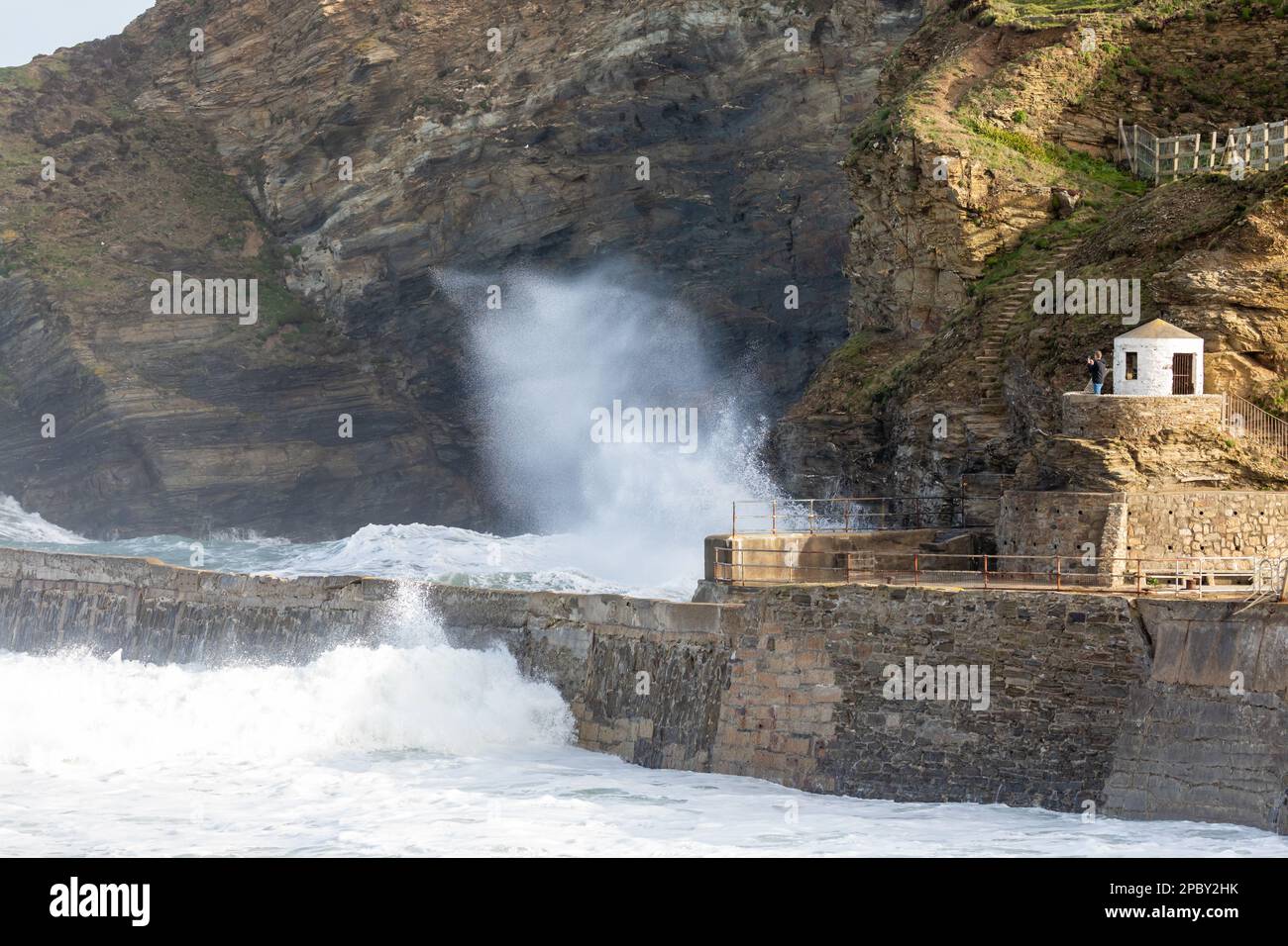 Portreath,Cornwall,13th March 2023,Large waves and stormy seas in ...
