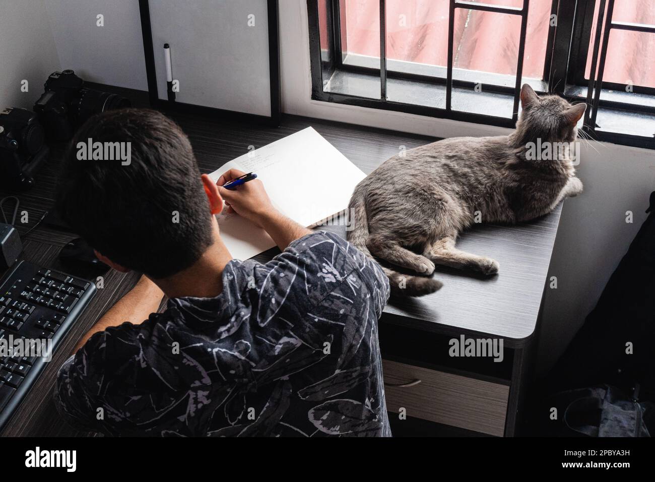 High angle back view of unrecognizable male freelance photographer ...