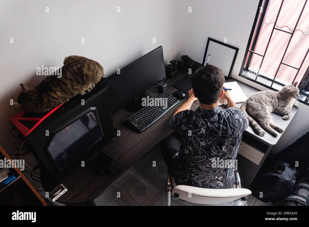 High angle back view of unrecognizable male freelance photographer ...