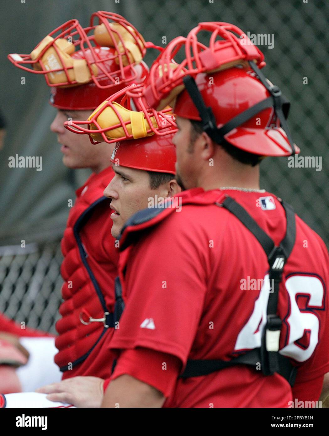 Anaheim Angels catchers, from left, Ben Johnson, Tim Duff and Bobby ...
