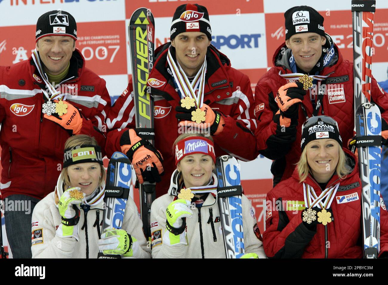 The Austrian team pose with all their medals after winning the Nations ...