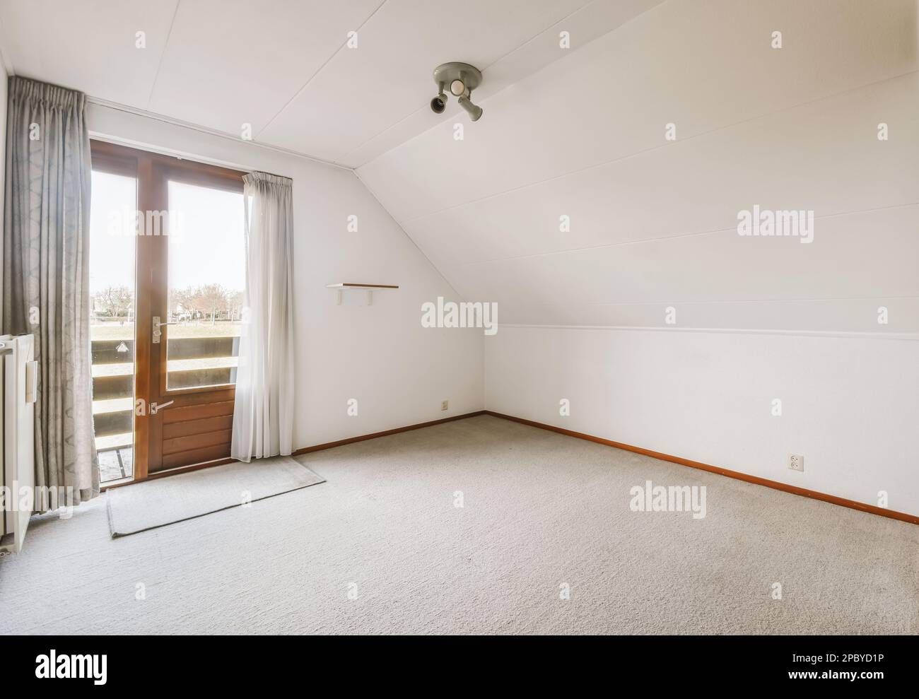 Interior design of light bedroom with wooden window and balcony door ...