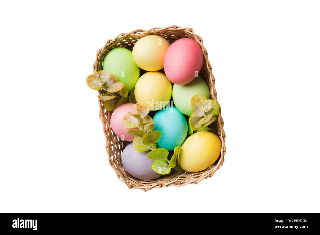 Basket of colorful Easter eggs isolated on white background. Easter ...