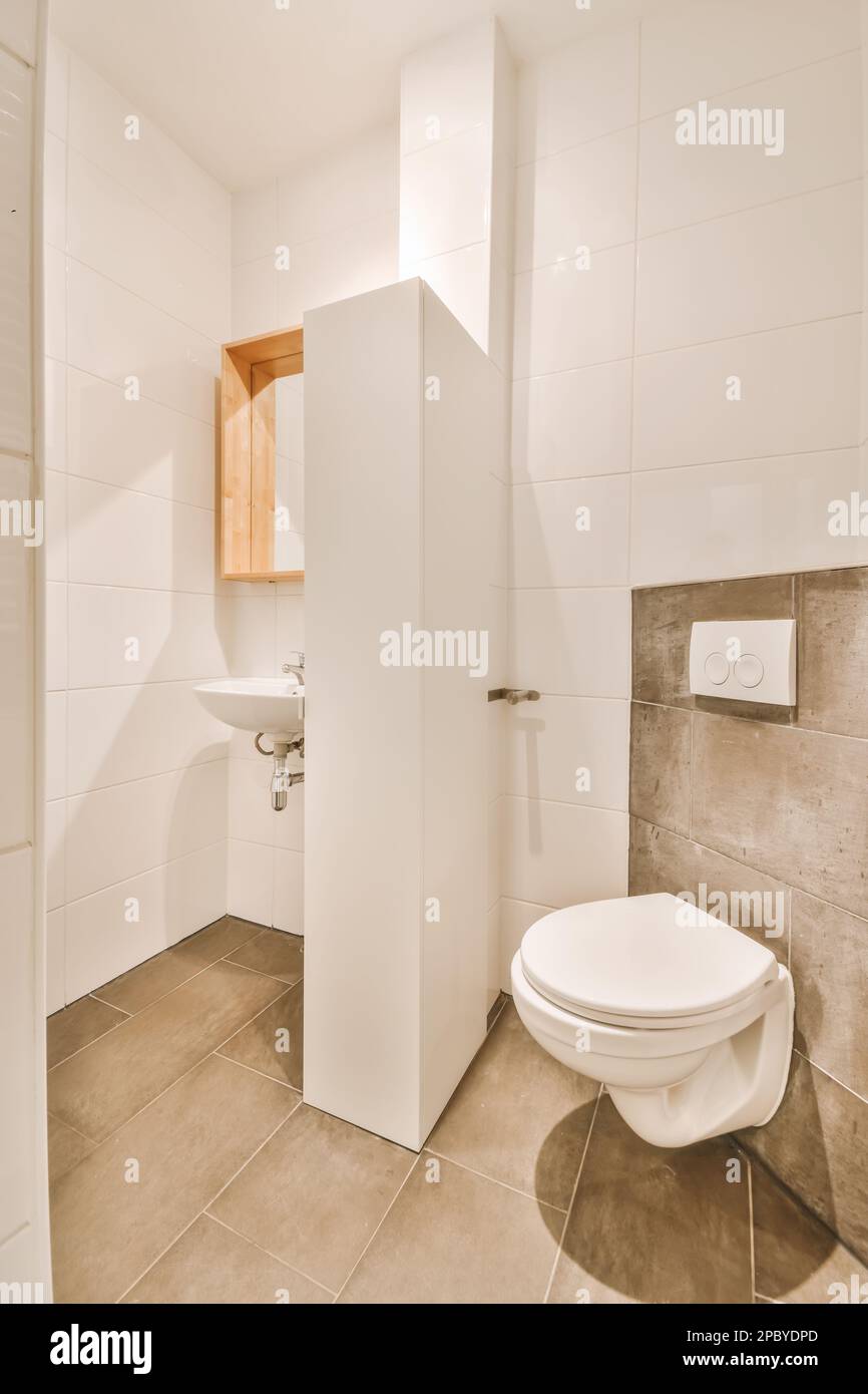 Interior design of light bathroom in white and gray color with toilet ...